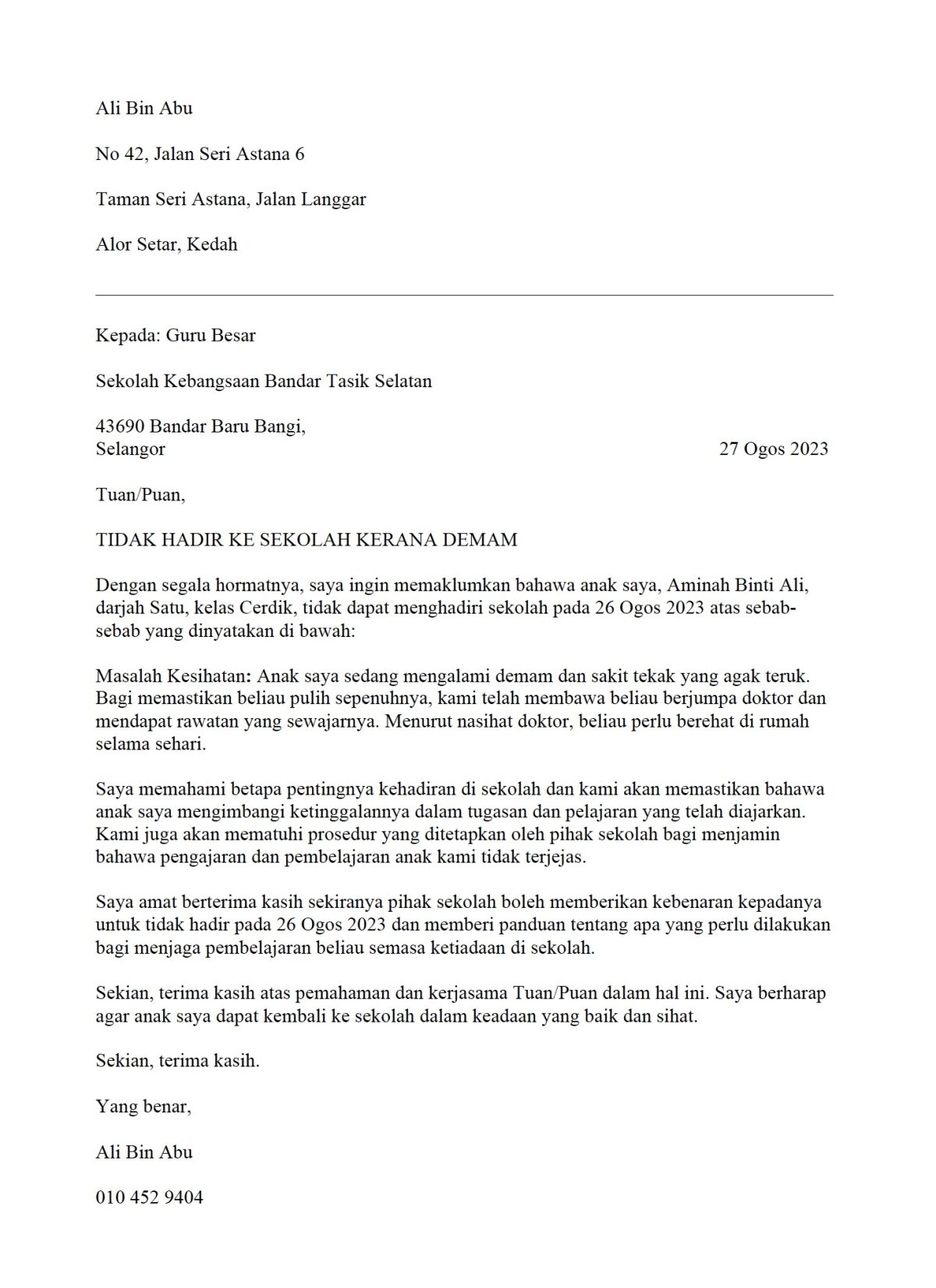 Contoh Surat Rasmi Tidak Hadir Ke Sekolah