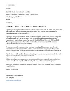 Contoh Surat Rasmi Berhenti Kerja