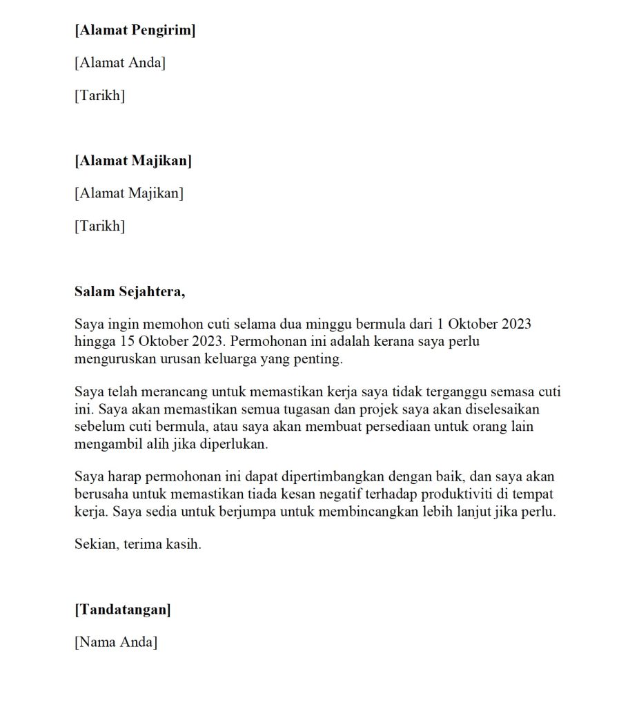 Contoh Surat Rasmi Kepada Majikan Atau Penyelia Di Tempat Kerja