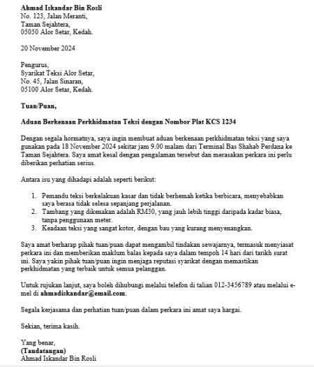 Contoh Surat Aduan Perkhidmatan Teksi