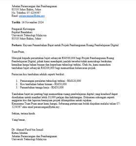 Contoh Surat Rayuan Penambahan Bajet Untuk Projek
