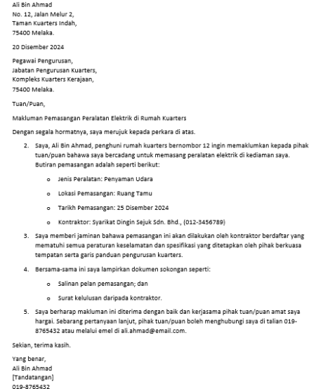 Contoh Surat Makluman Pemasangan Peralatan Elektrik Di Rumah Kuarters