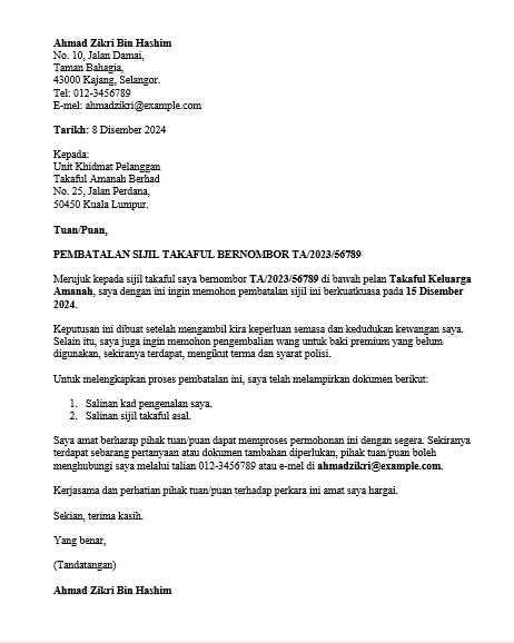 Contoh Surat Pembatalan Sijil Takaful