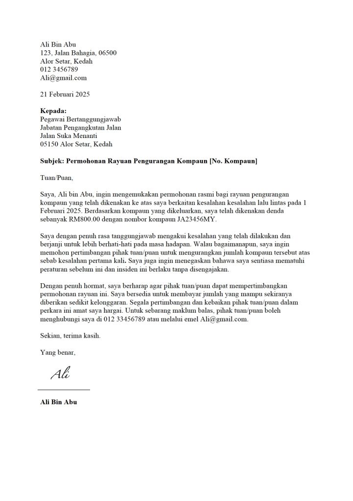Contoh Surat Rasmi Permohonan Rayuan Pengurangan Kompaun