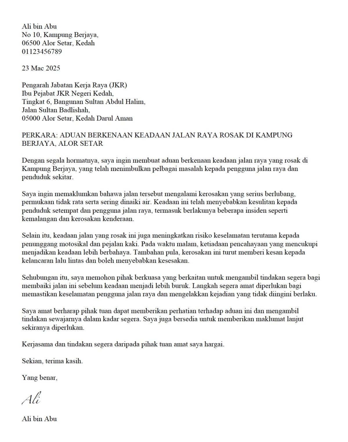 Contoh Surat Aduan Jalan Raya Rosak