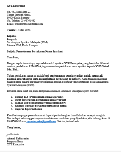 Contoh Surat Pertukaran Nama Syarikat