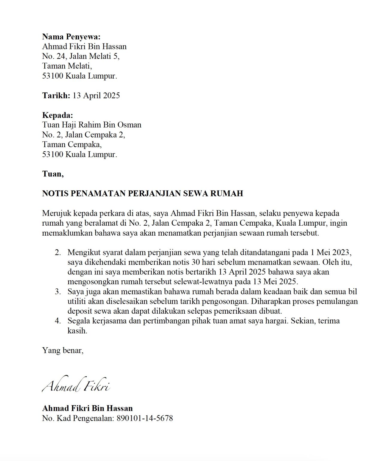 Contoh Surat Notis Penamatan Sewa