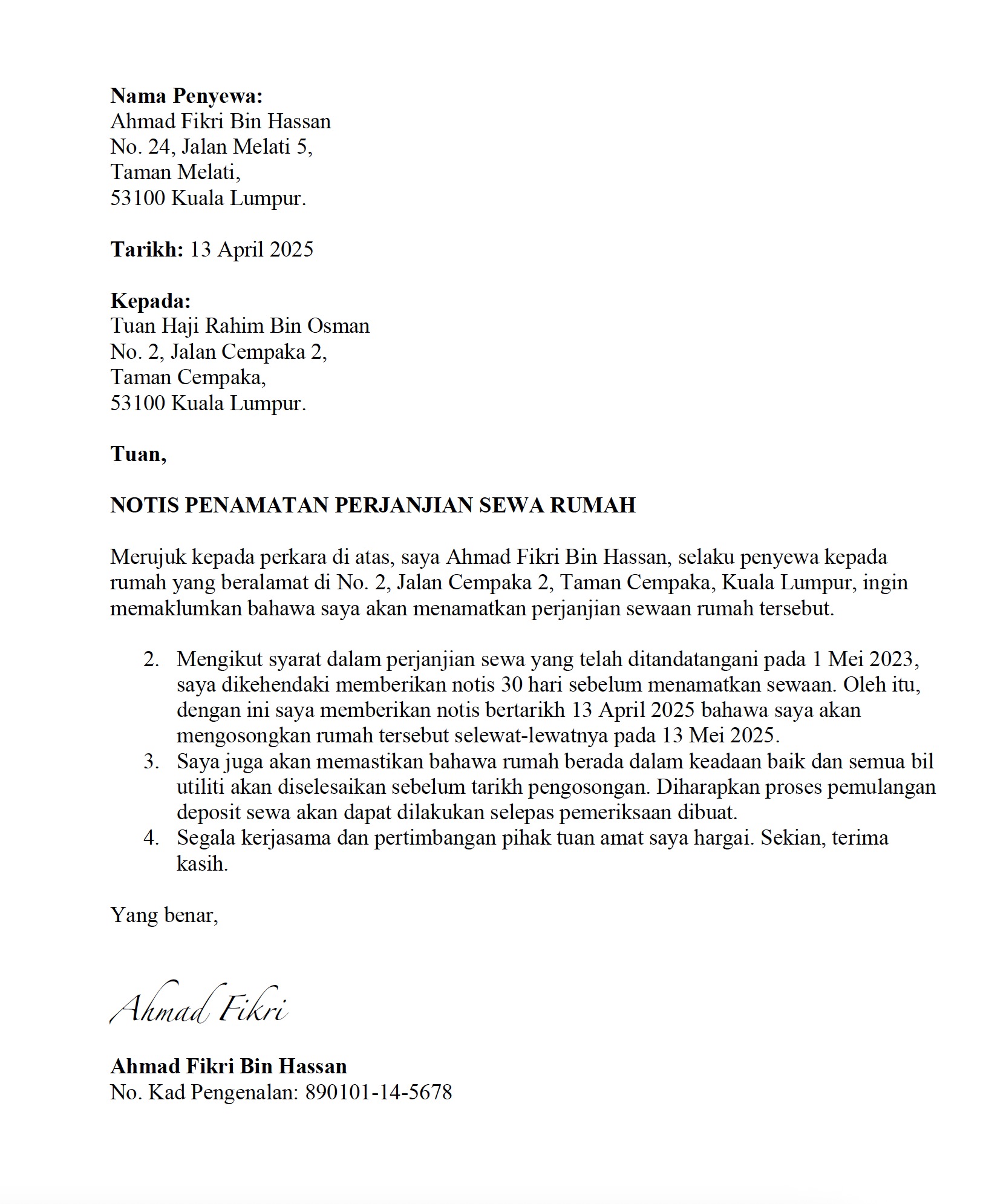 Contoh Surat Notis Penamatan Sewa