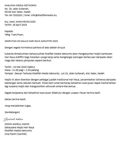 Contoh Surat Jemputan Majlis Hari Raya