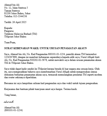 Contoh Surat Wakil Telekom Malaysia