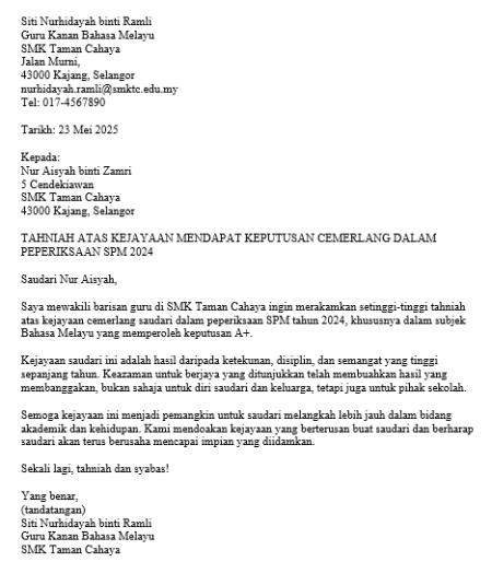 Contoh Surat Ucapan Tahniah