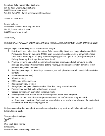 Contoh Surat Permohonan Penajaan Bahan Cetakan Program Komuniti