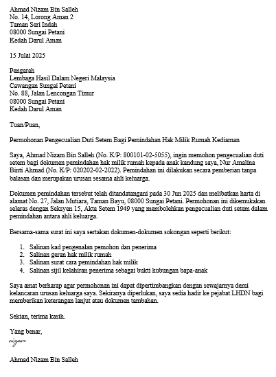 Contoh Surat Pengecualian Duti Setem